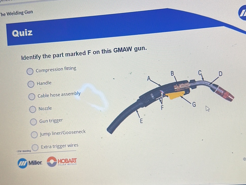 Identify the part marked F on this GMAW gun. | StudyX