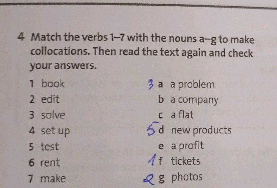 4 Match the verbs 1-7 with the nouns a-g to | StudyX