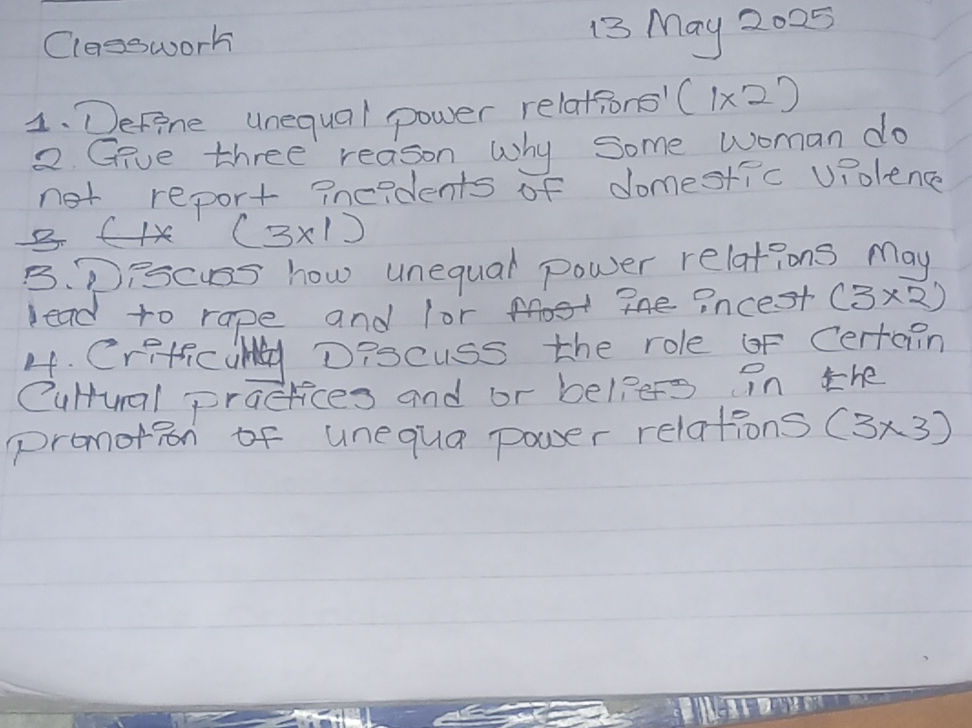 1. Define unequal power relations' (1x2) 2. | StudyX