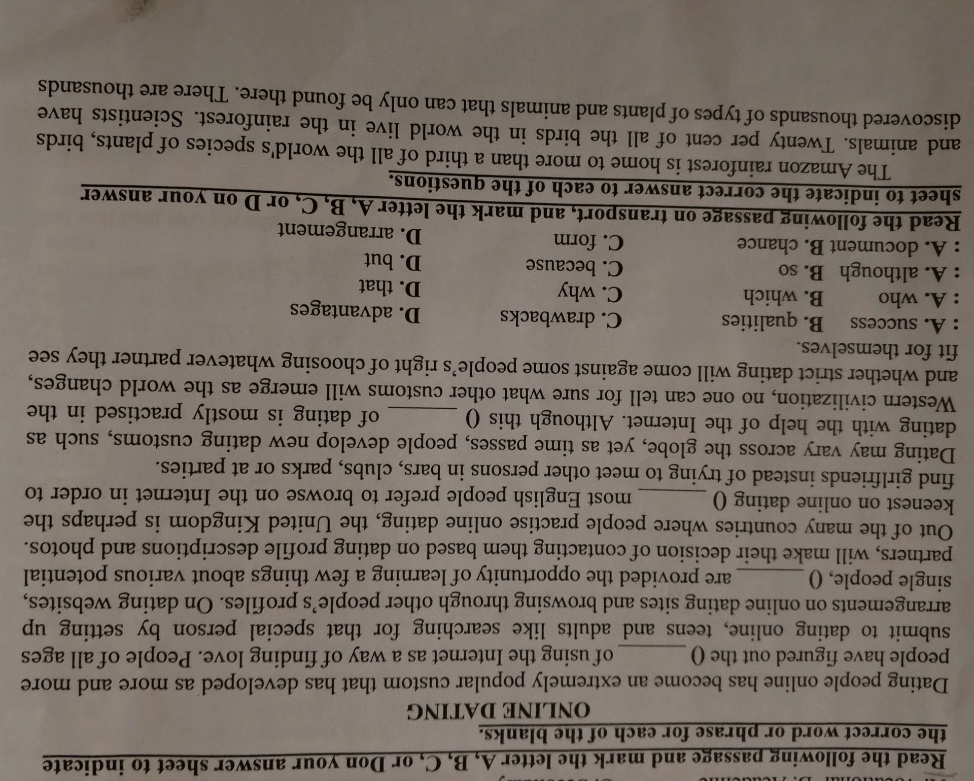 Read the following passage and mark the