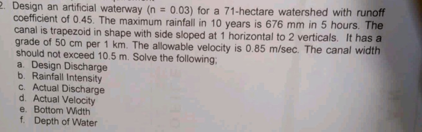2. Design an artificial waterway (n = 0.03) | StudyX