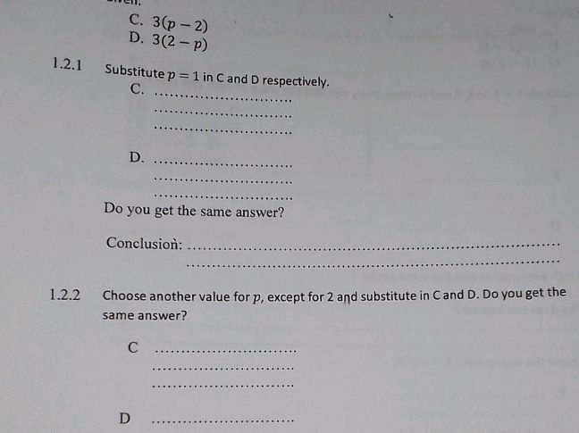 1. 2.1 C. 3(p-2) D. 3(2-p) Substitute p = | StudyX