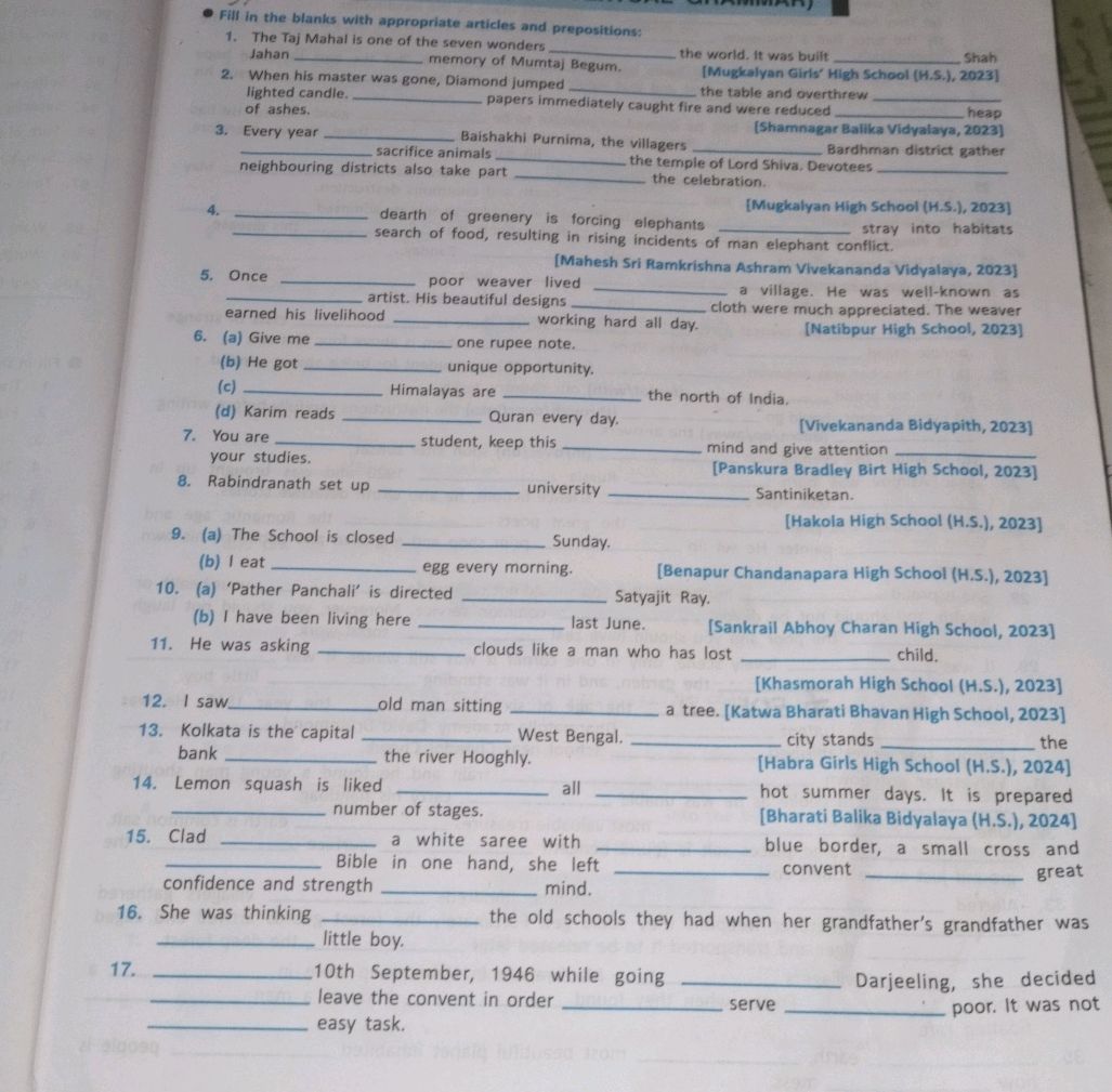 Fill in the blanks with appropriate articles | StudyX
