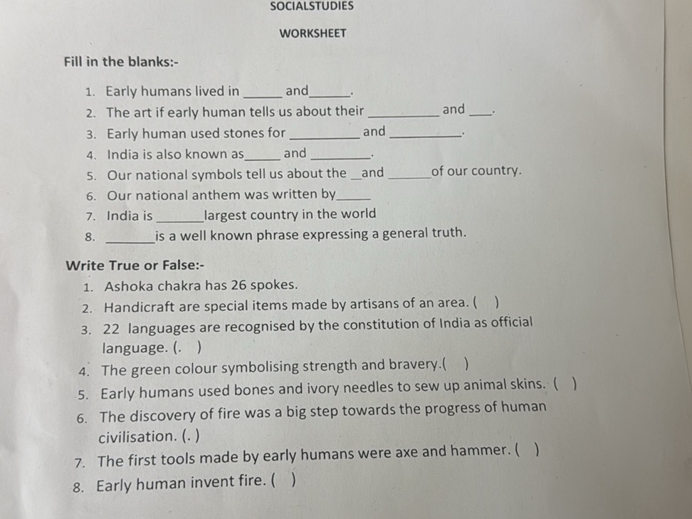 Fill in the blanks:- 1. Early humans lived | StudyX