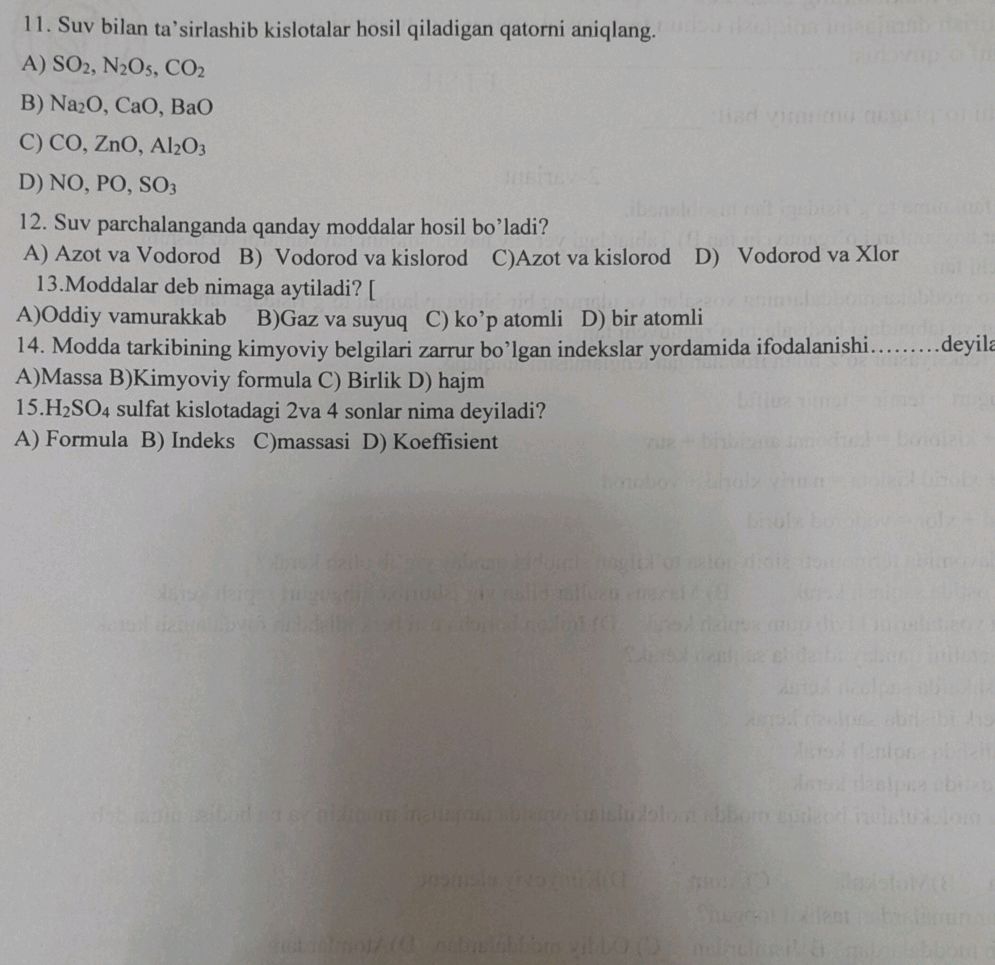 11. Suv bilan ta'sirlashib kislotalar hosil | StudyX
