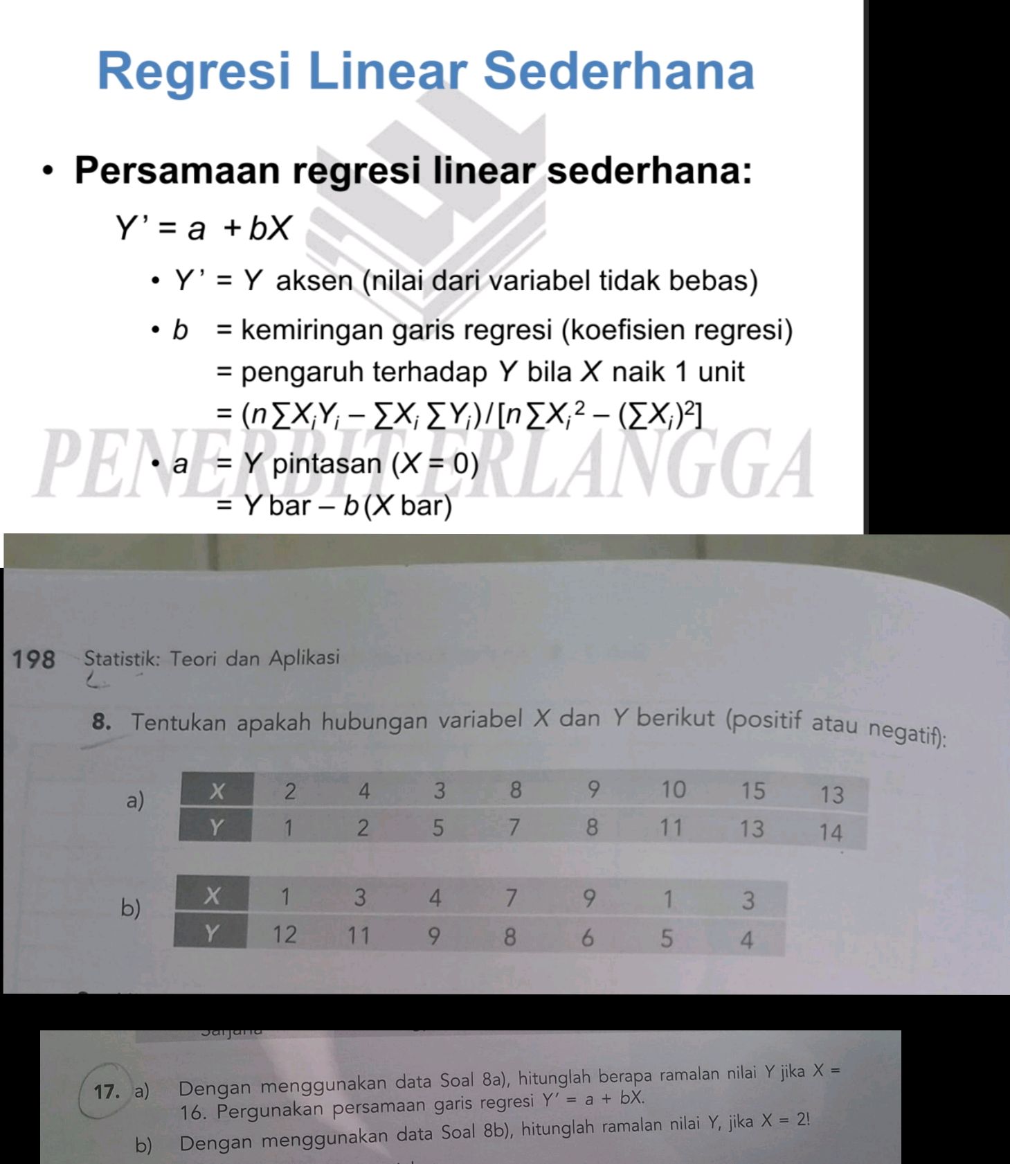 Persamaan regresi linear sederhana: $Y' = a | StudyX