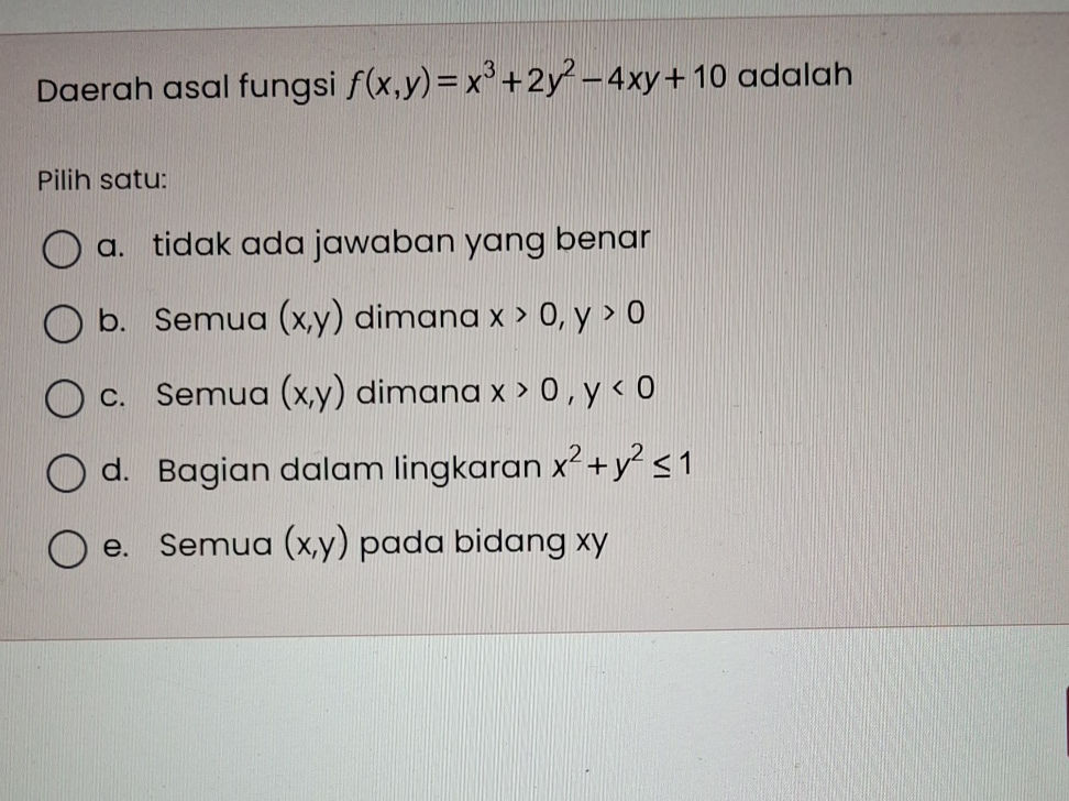Daerah asal fungsi $f(x,y) = x^3 + 2y^2 - | StudyX