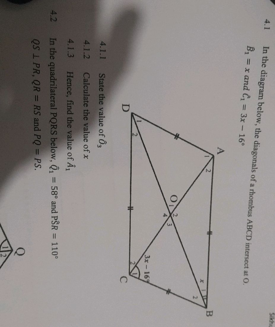 4.1 In the diagram below, the diagonals of a | StudyX