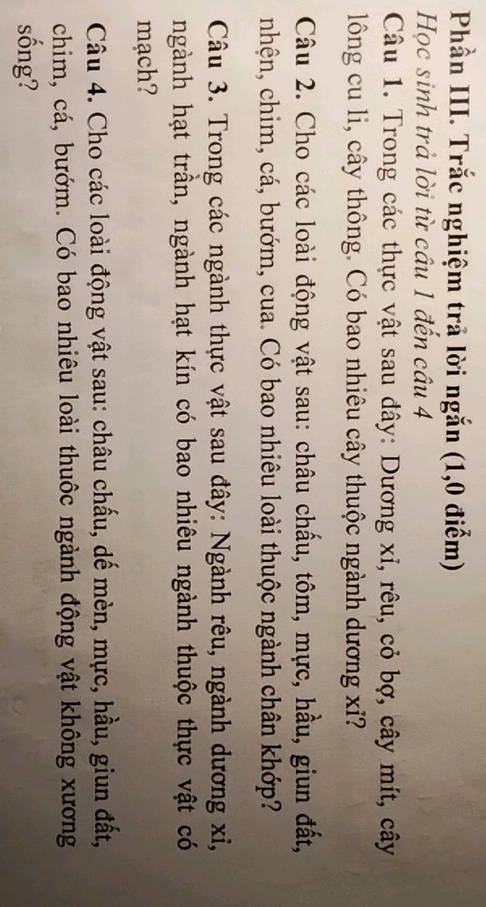 Câu 1. Trong các thực vật sau đây: Dương xỉ, | StudyX