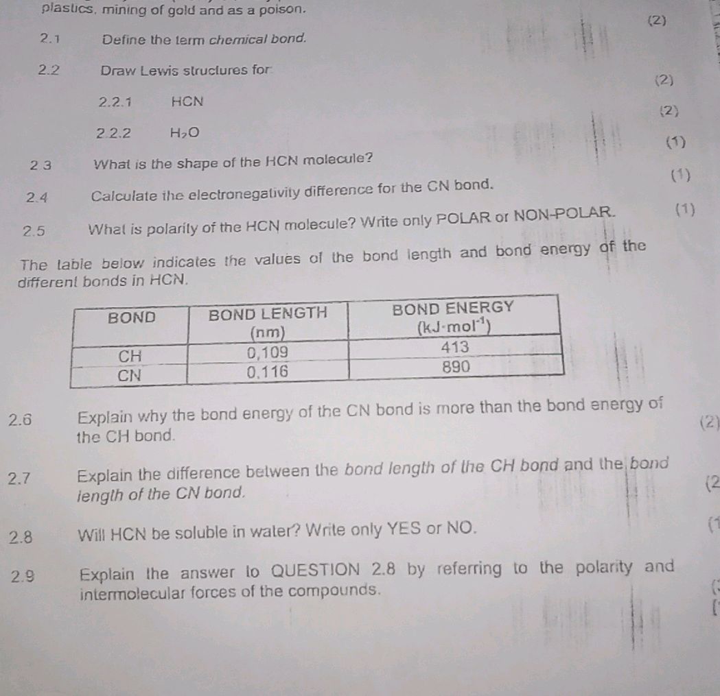 2.1 Define the term chemical bond. 2.2 Draw | StudyX
