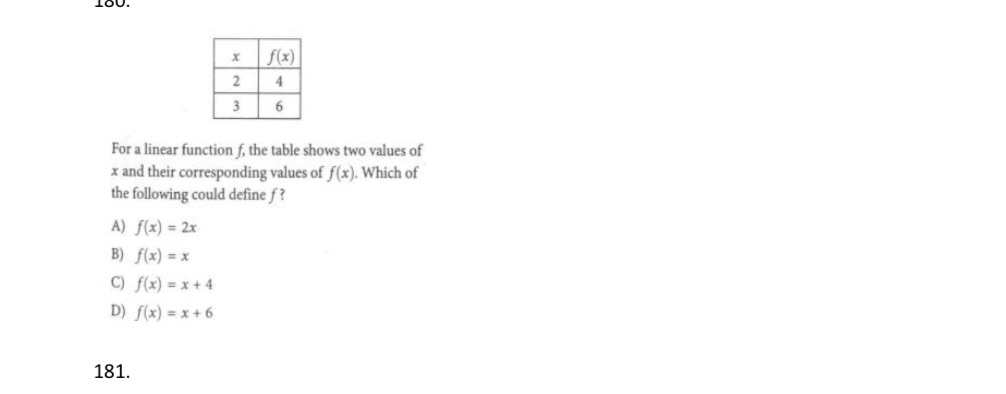 x | f(x) | |---|-----| | 2 | 4 | | 3 | StudyX