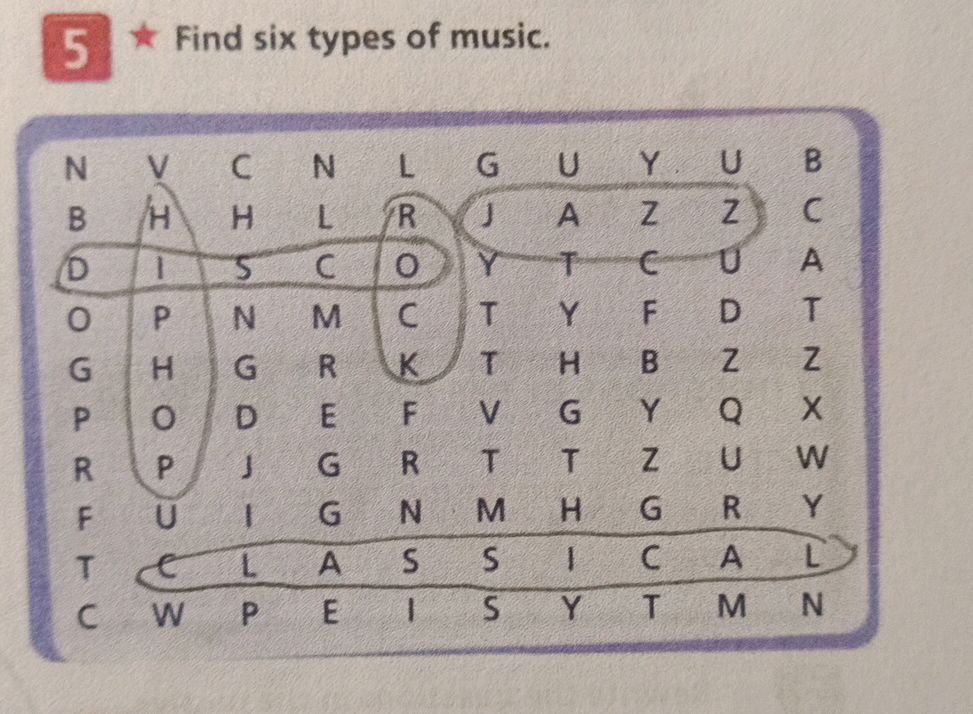 Find six types of music. The image contains | StudyX