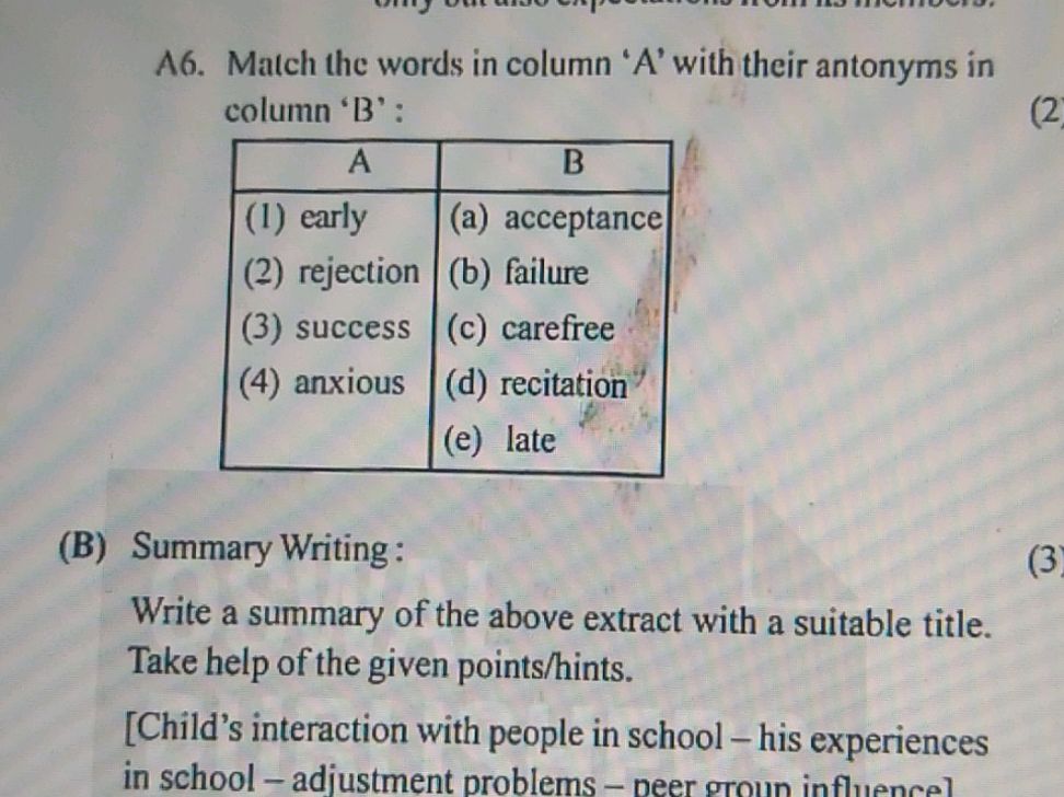 A6. Match the words in column 'A' with their | StudyX