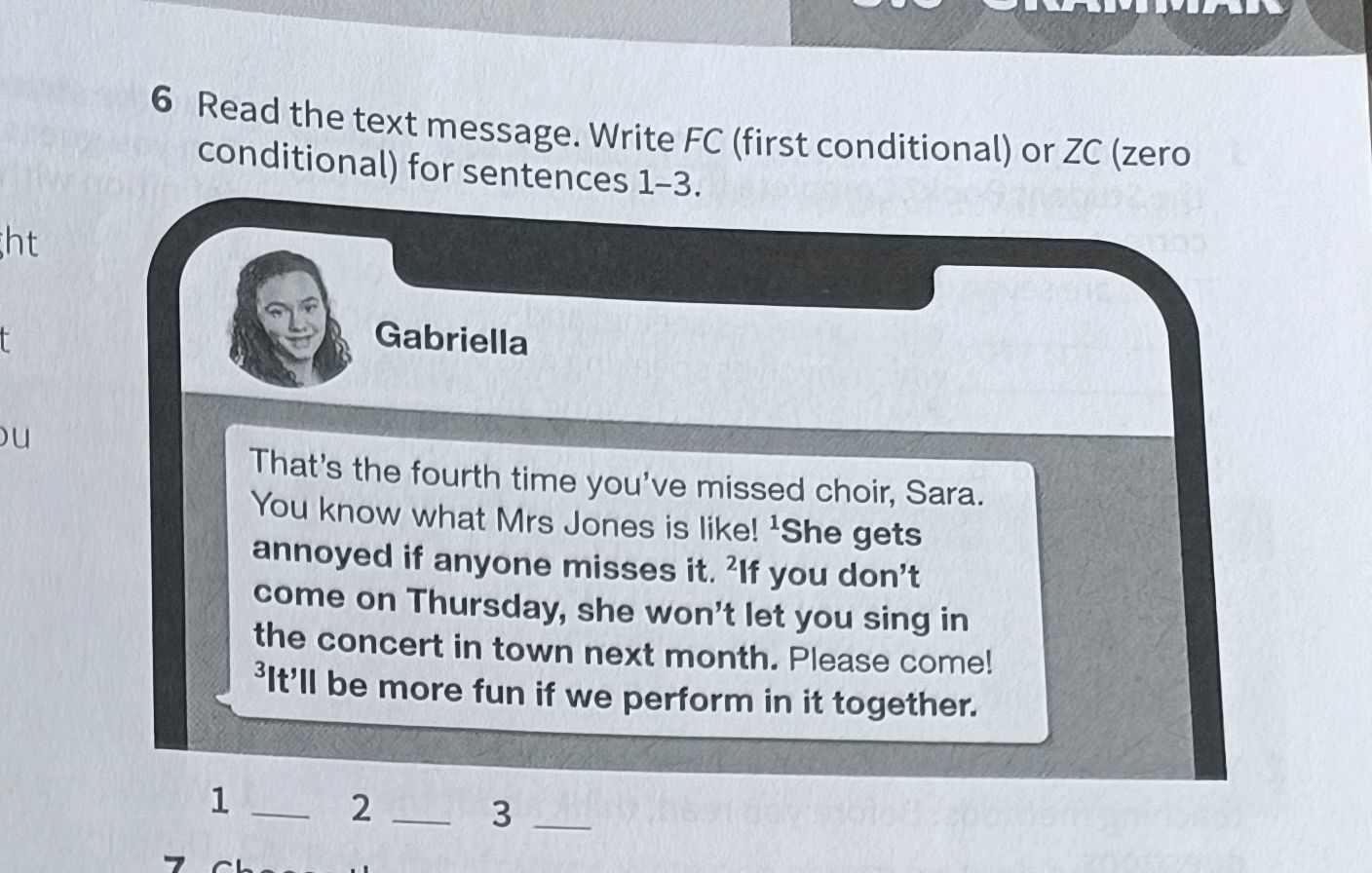 Read the text message. Write FC (first | StudyX