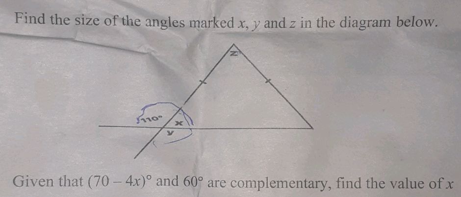 Find the size of the angles marked x, y and | StudyX