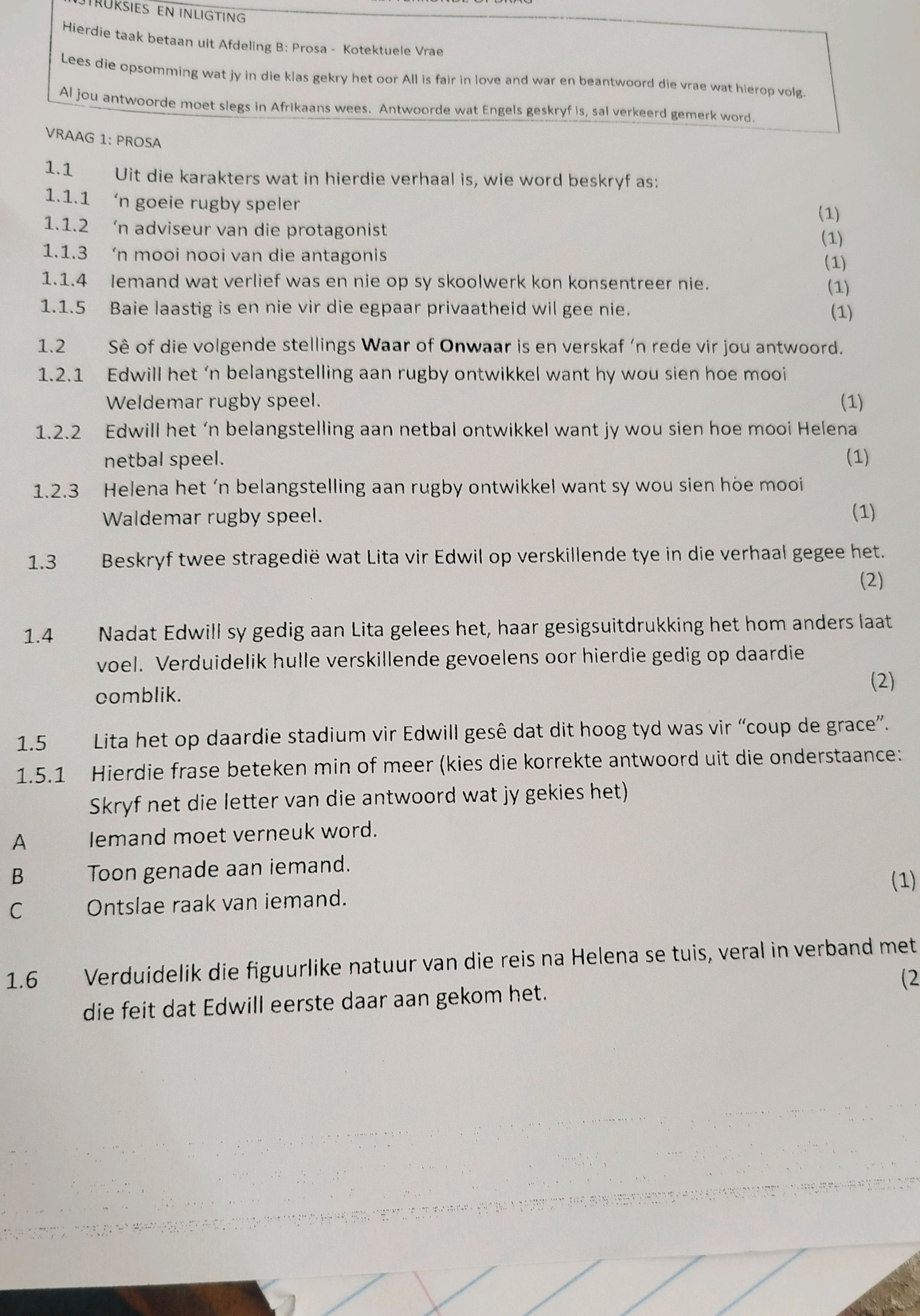 1.1 Uit die karakters wat in hierdie verhaal | StudyX