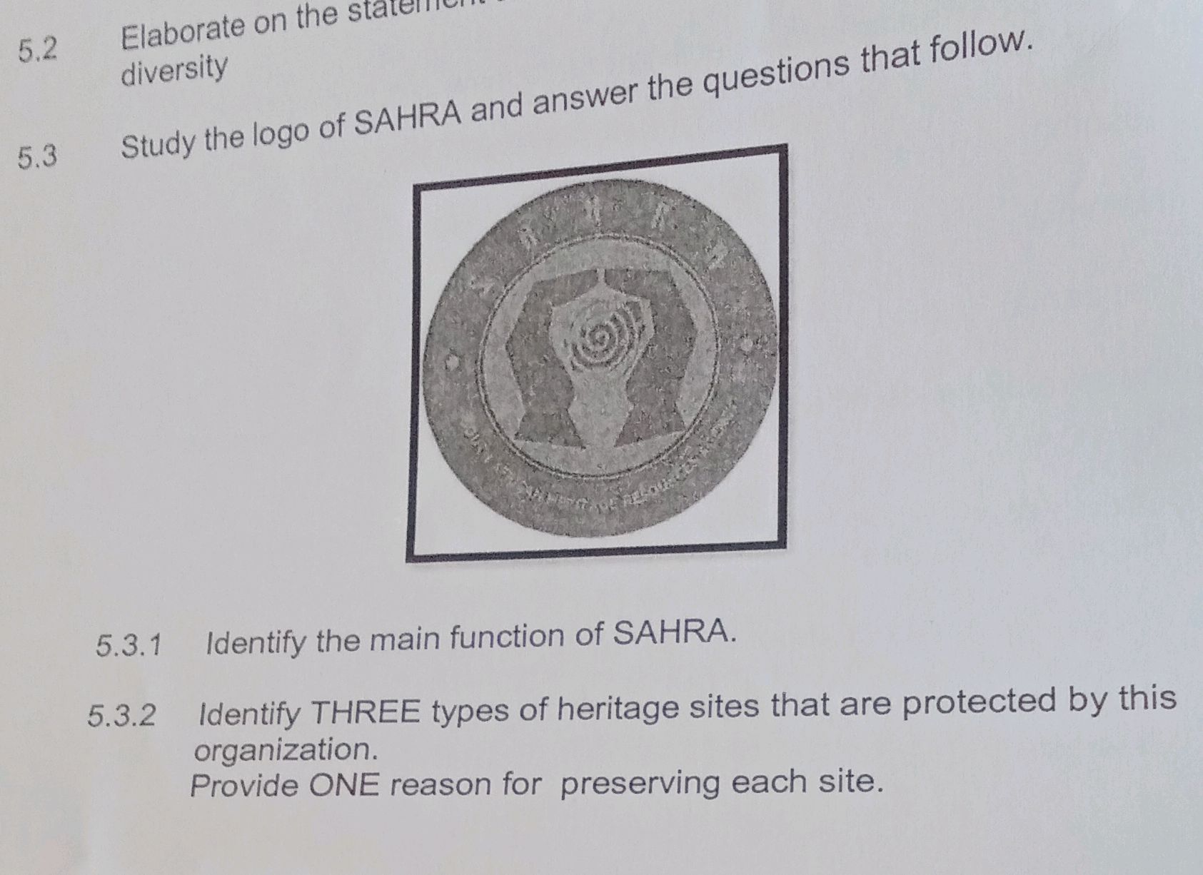 5.3 Study the logo of SAHRA and answer the | StudyX