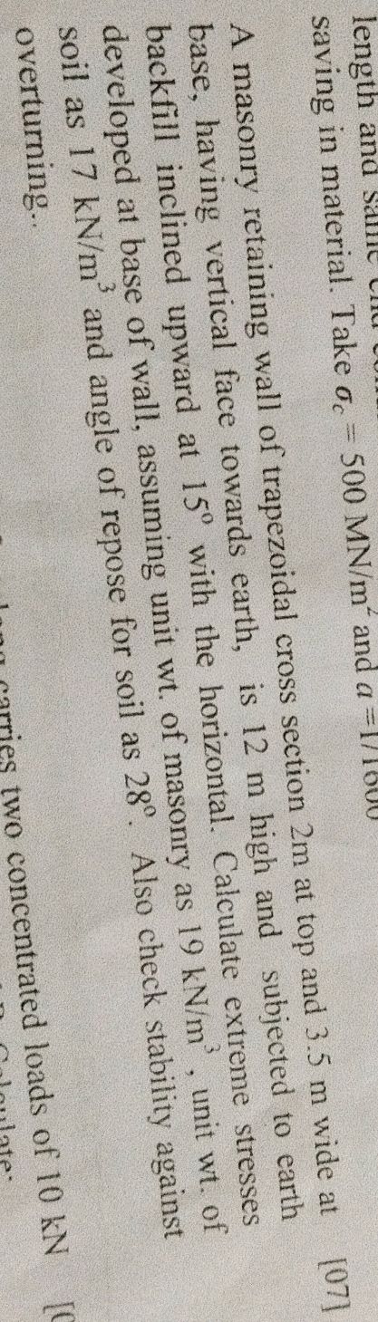 A masonry retaining wall of trapezoidal | StudyX