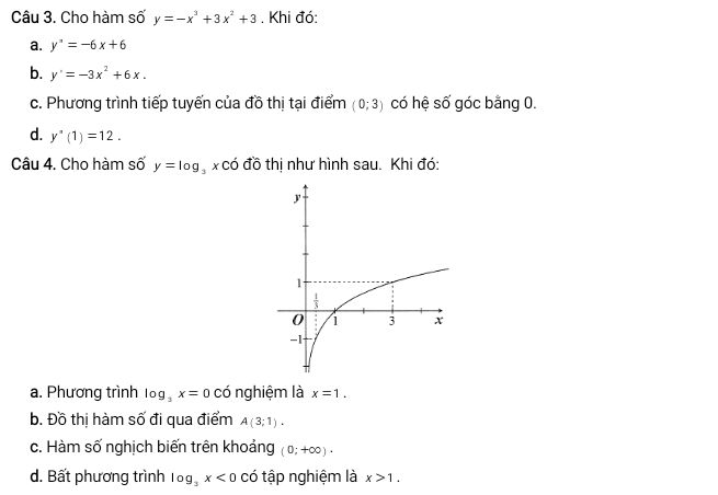 Câu 3. Cho hàm số $y = -x^3 + 3x^2 + 3$. Khi | StudyX