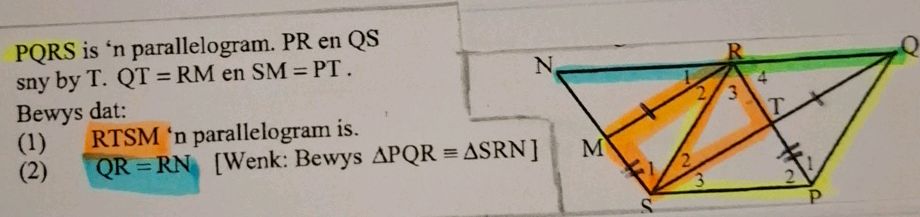 PQRS is 'n parallelogram. PR en QS sny by T. | StudyX