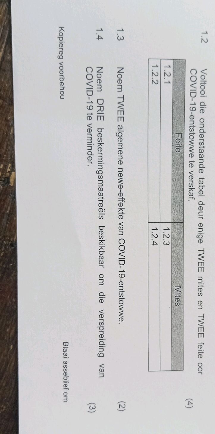 1. 2 Voltooi die onderstaande tabel deur | StudyX