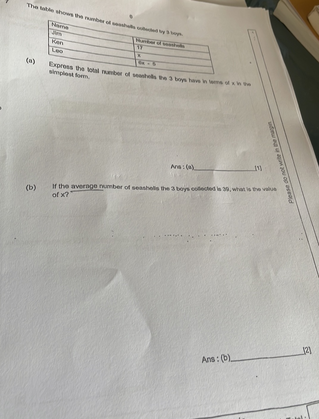 The table shows the number of seashells | StudyX