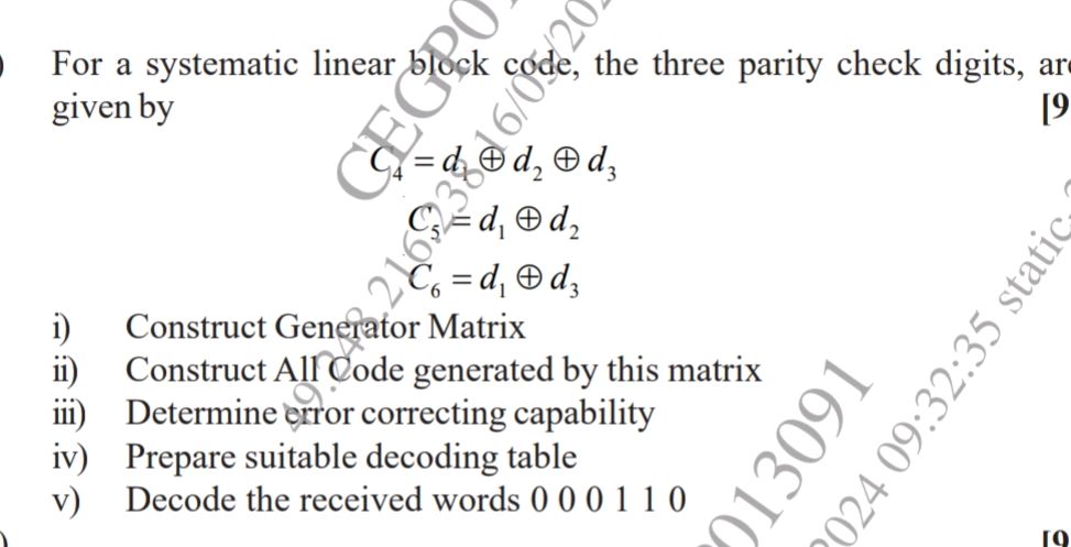 For a systematic linear block code, the | StudyX