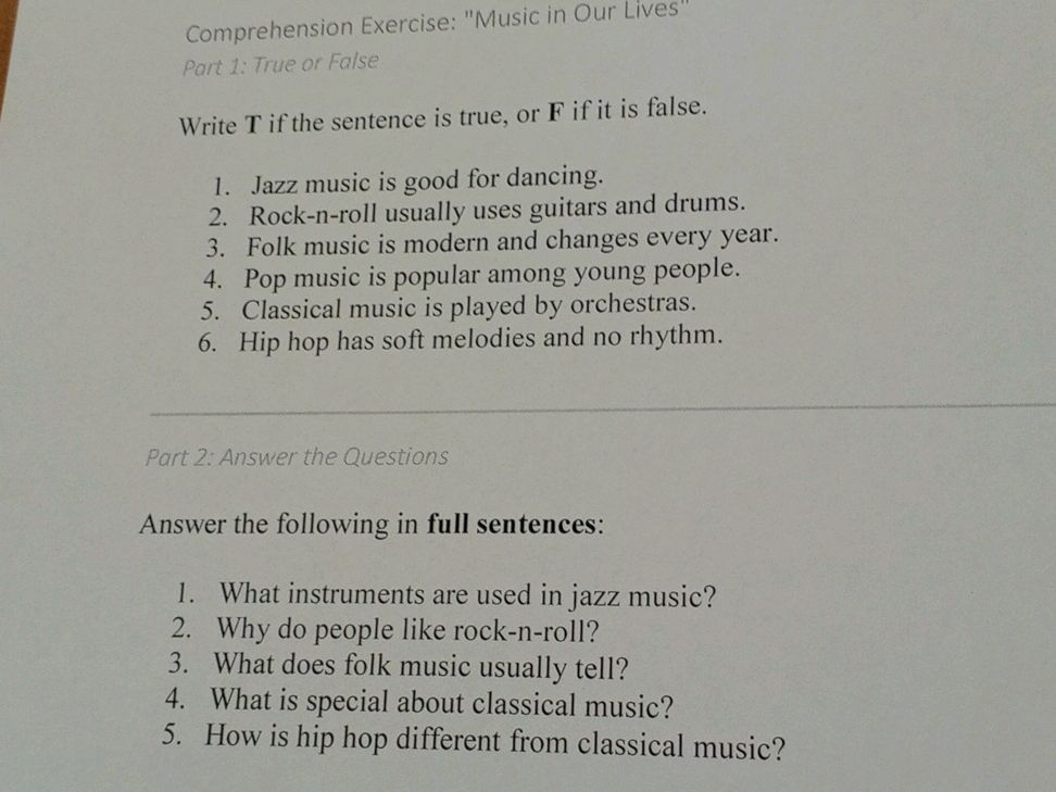 Comprehension Exercise: "Music in Our Lives" | StudyX