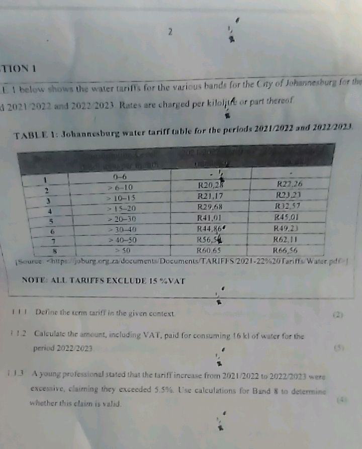 TABLE 1: Johannesburg water tariff table for | StudyX