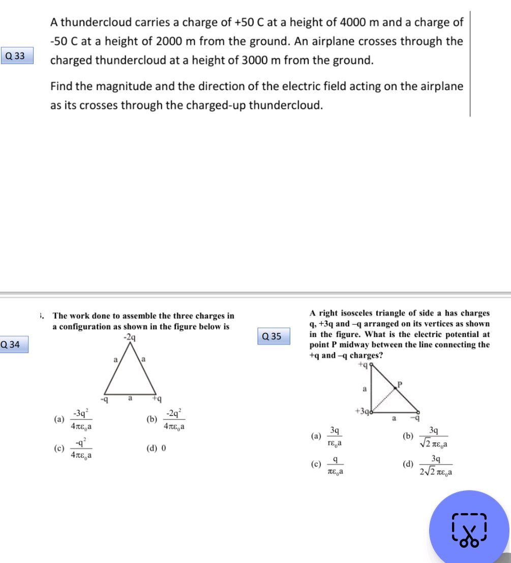 A thundercloud carries a charge of +50 C at | StudyX