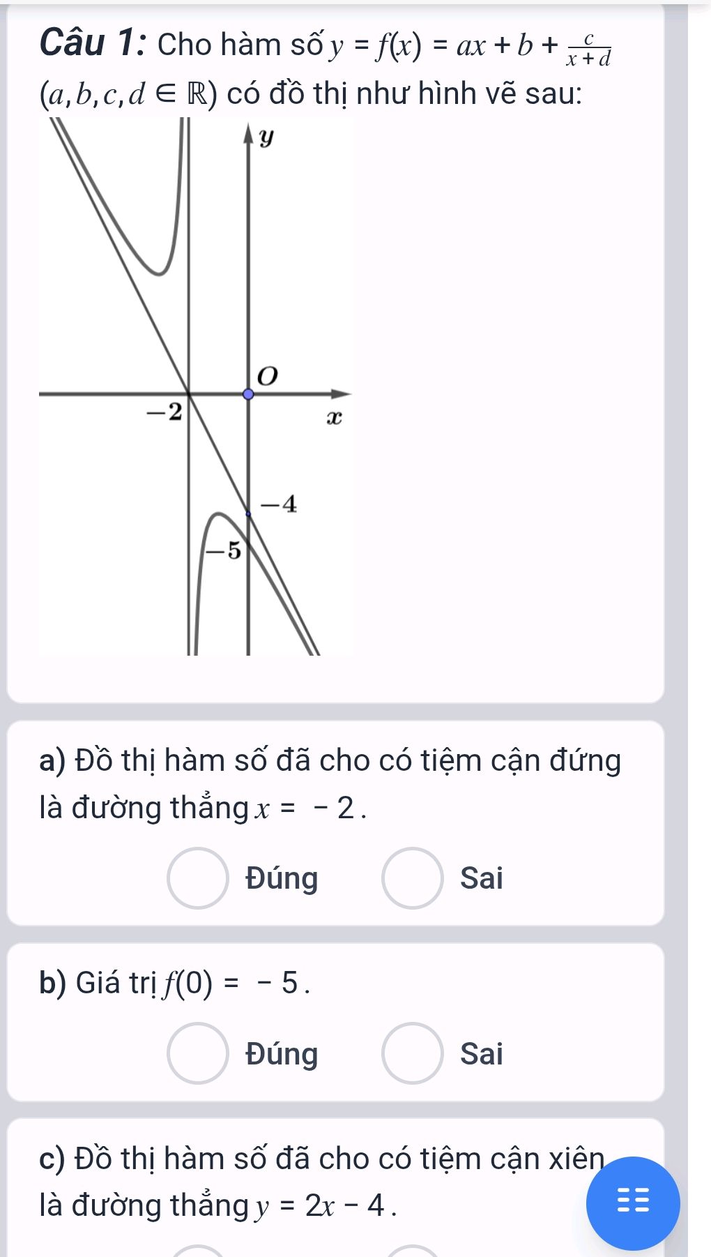 Câu 1: Cho hàm số $y = f(x) = ax + b + | StudyX