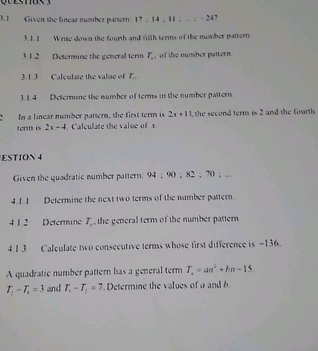 3.1 Given the linear number pattern: 17, 14, | StudyX