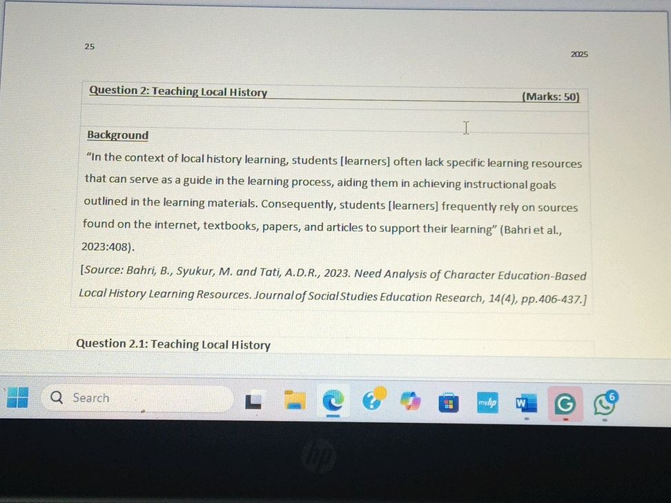 Question 2: Teaching Local History (Marks: | StudyX