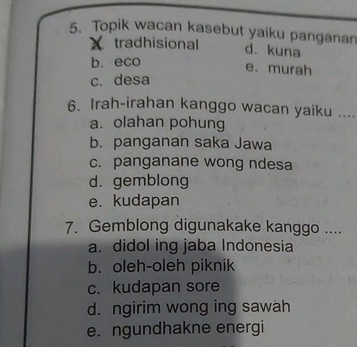 5. Topik wacan kasebut yaiku panganan | StudyX