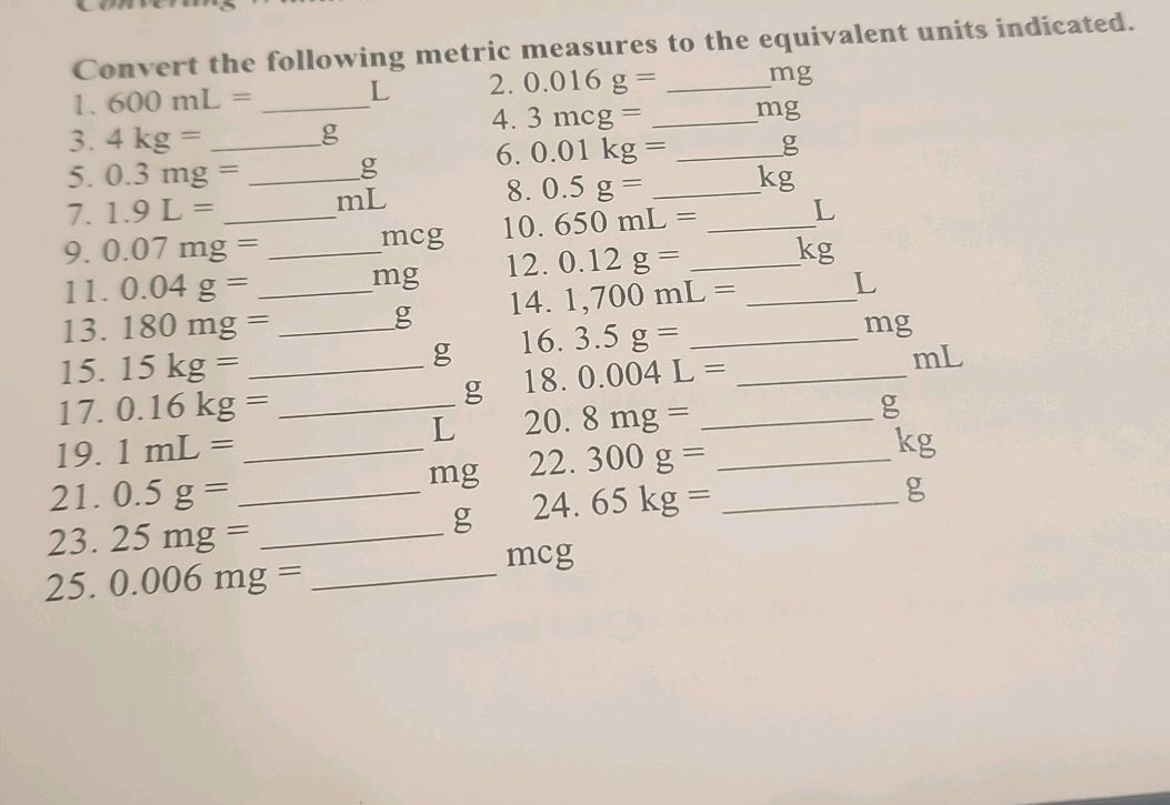 Convert the following metric measures to the | StudyX