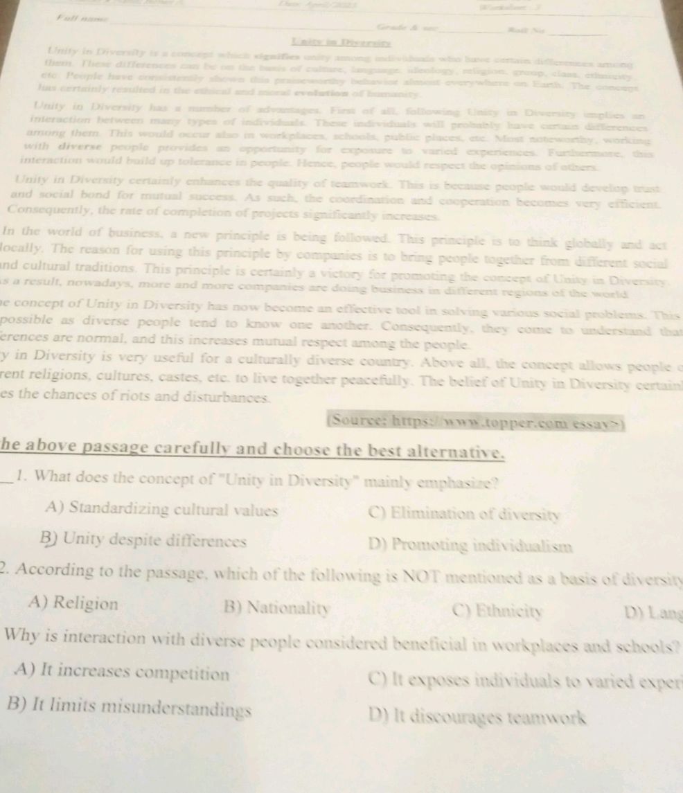 1. What does the concept of "Unity in | StudyX