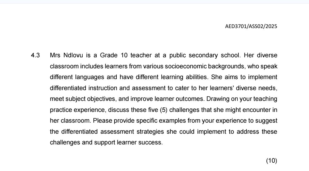 4.3 Mrs Ndlovu is a Grade 10 teacher at a | StudyX