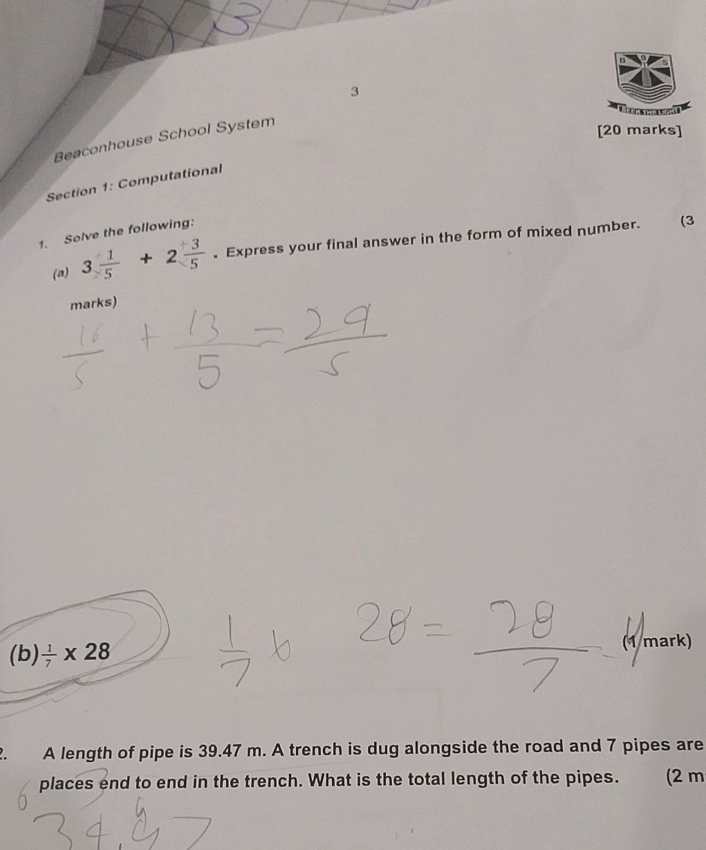 1. Solve the following: (a) $3 {1}{5} + 2 | StudyX