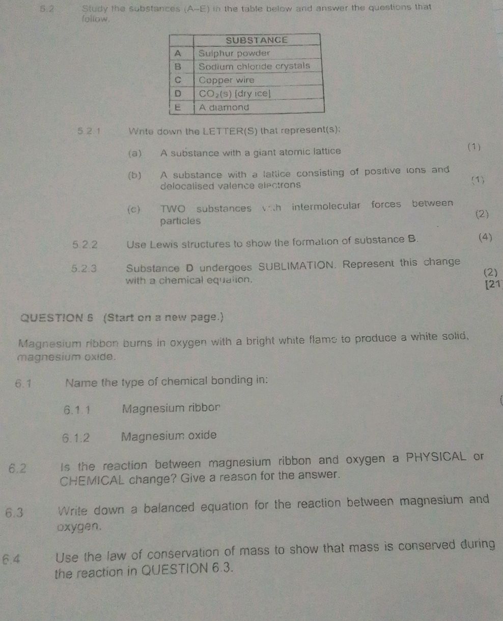 5.2 Study the substances (A-E) in the table | StudyX