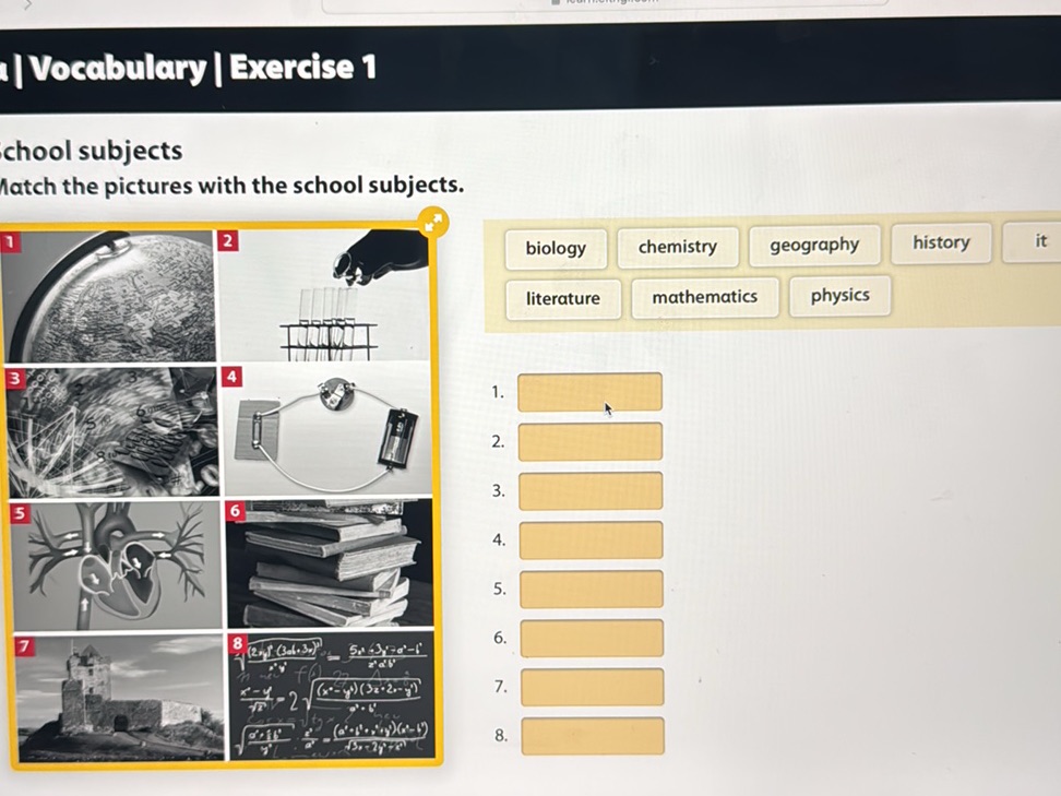 Match the pictures with the school subjects. | StudyX