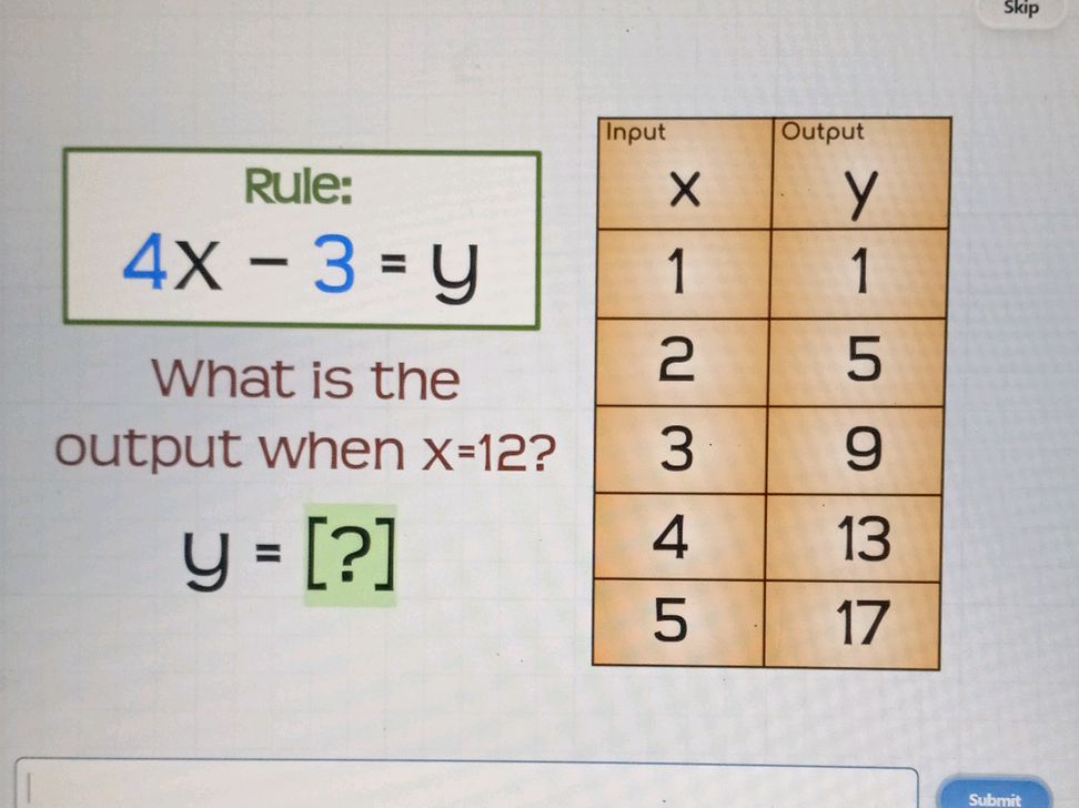 Rule: $4x - 3 = y$ What is the output when | StudyX