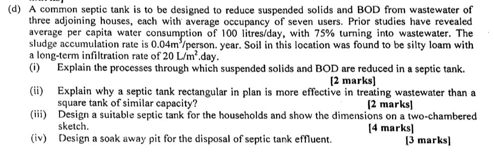 (d) A common septic tank is to be designed | StudyX
