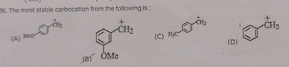 36. The most stable carbocation from the | StudyX