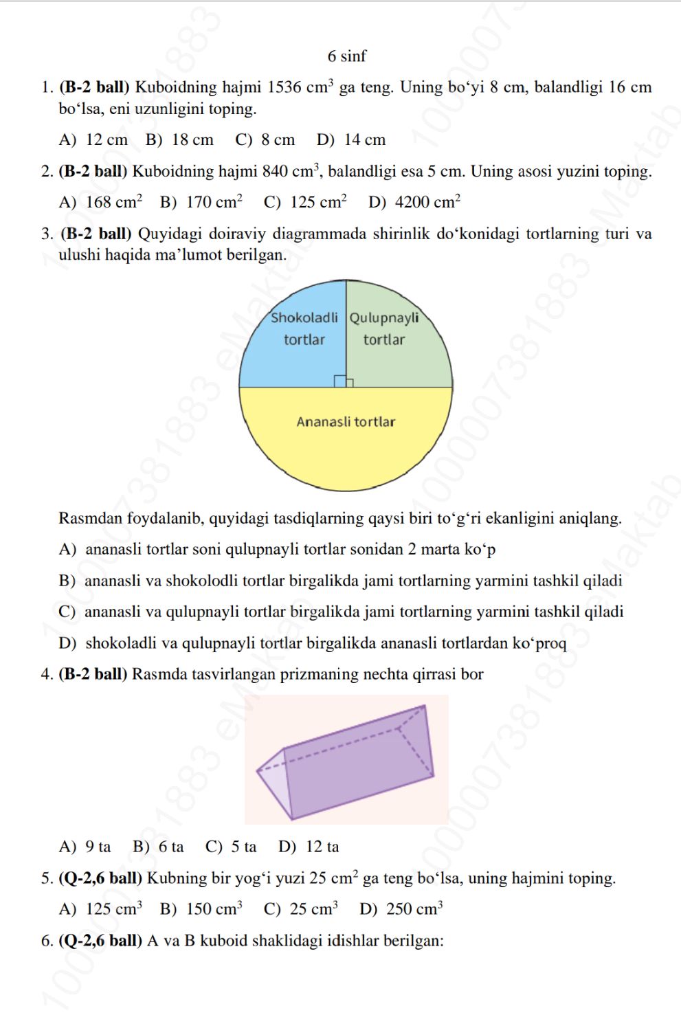 1. (B-2 ball) Kuboidning hajmi $1536 ext{ | StudyX