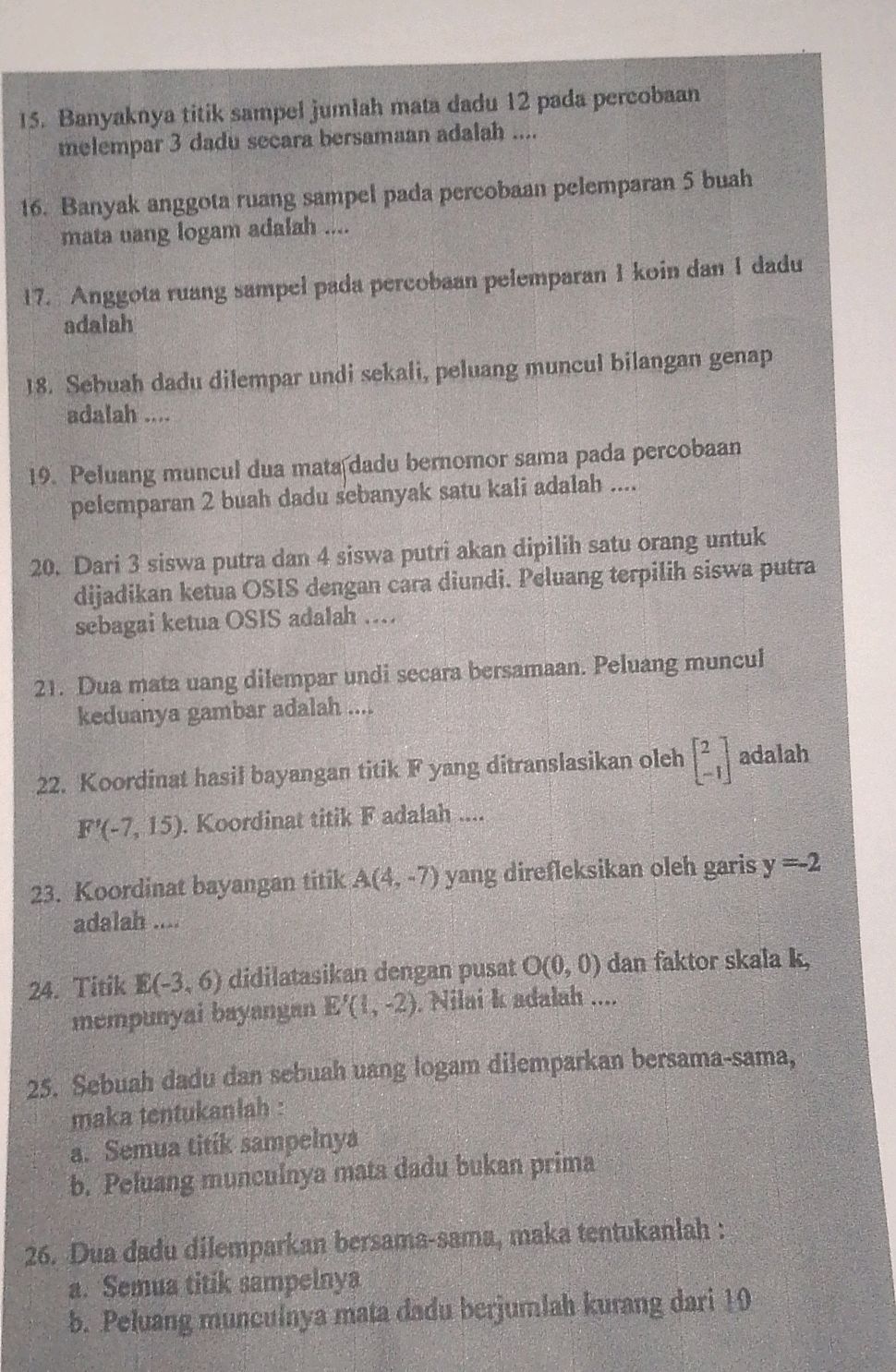 15. Banyaknya titik sampel jumlah mata dadu | StudyX