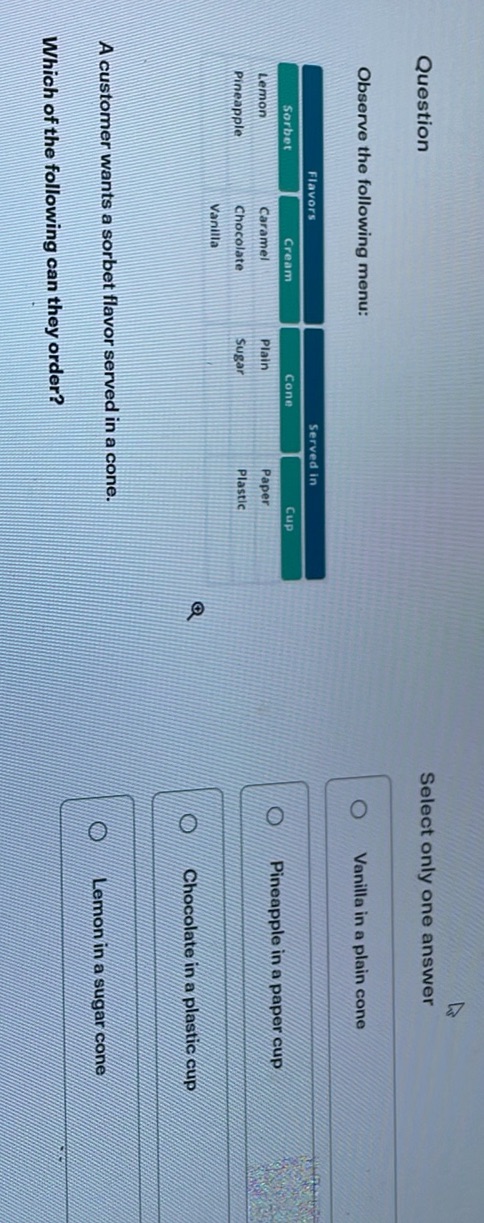 Observe the following menu: | Flavors | | StudyX