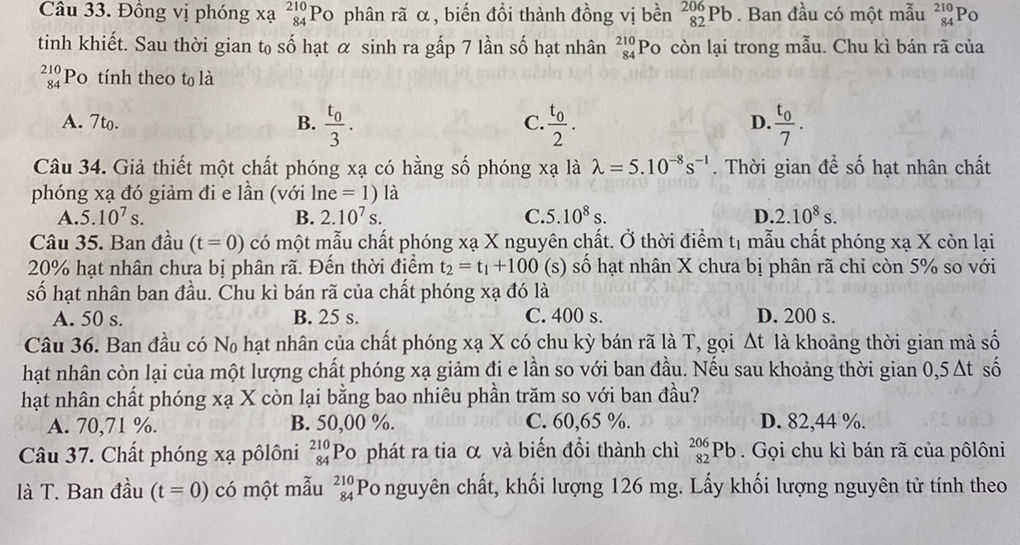 Câu 33. Đồng vị phóng xạ $^{210}_{84}Po$ | StudyX