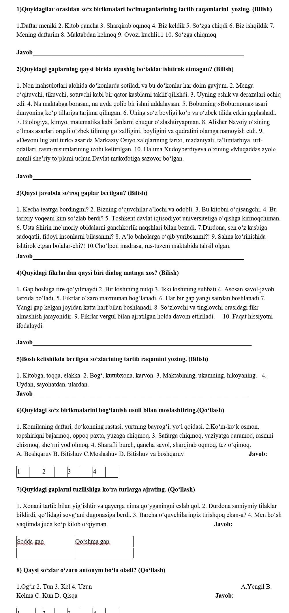 1)Quyidagilar orasidan so‘z birikmalari | StudyX