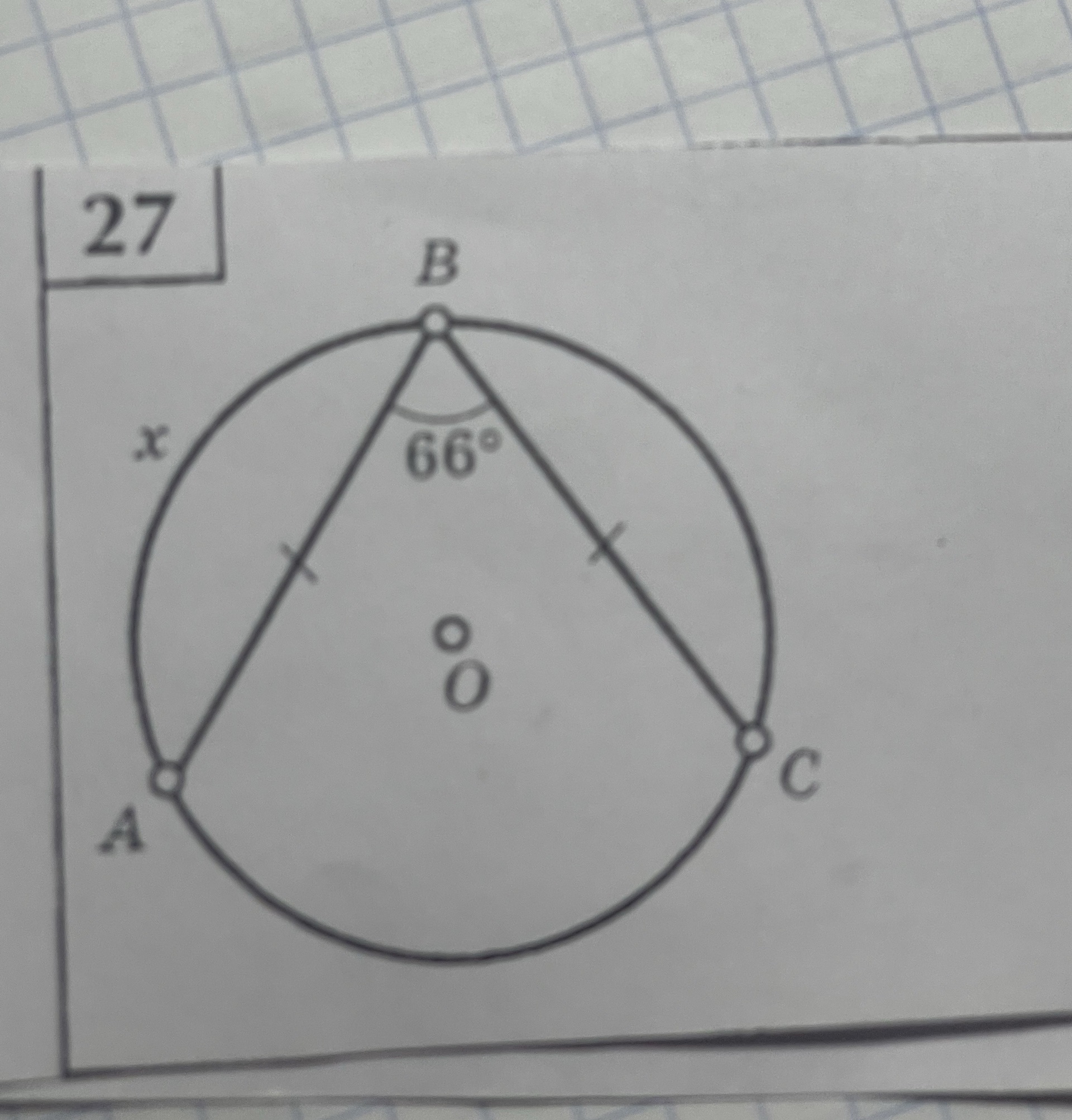 The image shows a circle with center O. | StudyX