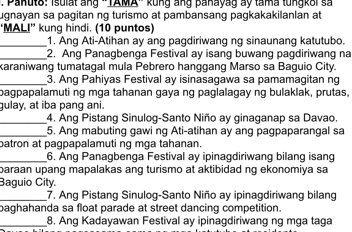 1. Panuto: Isulat ang "TAMA" kung ang | StudyX